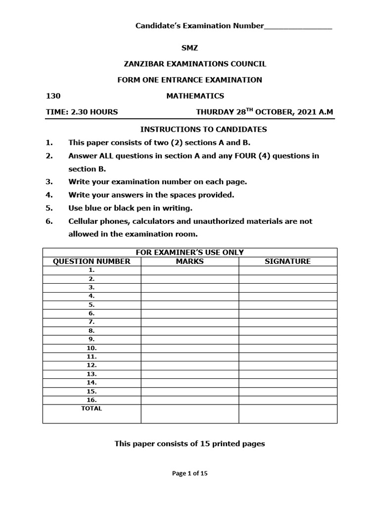 Form One Mathematics Exam Paper | PDF | Mathematics