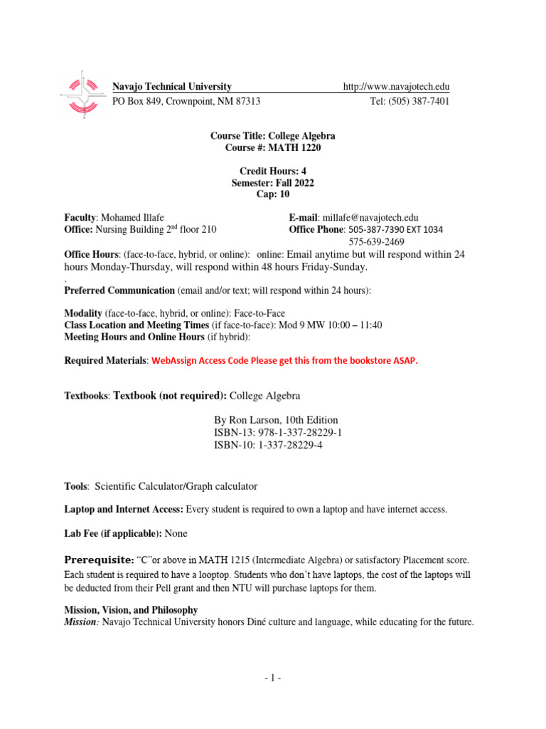 MATH 1220 1 College Algebra | PDF | Function (Mathematics) | Matrix ...