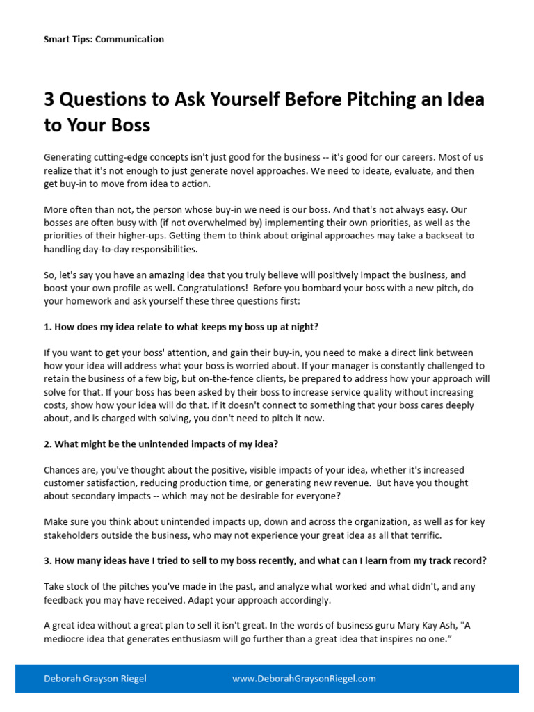 Smart Tips Handout - 3 Questions To Ask Yourself Before Pitching An ...