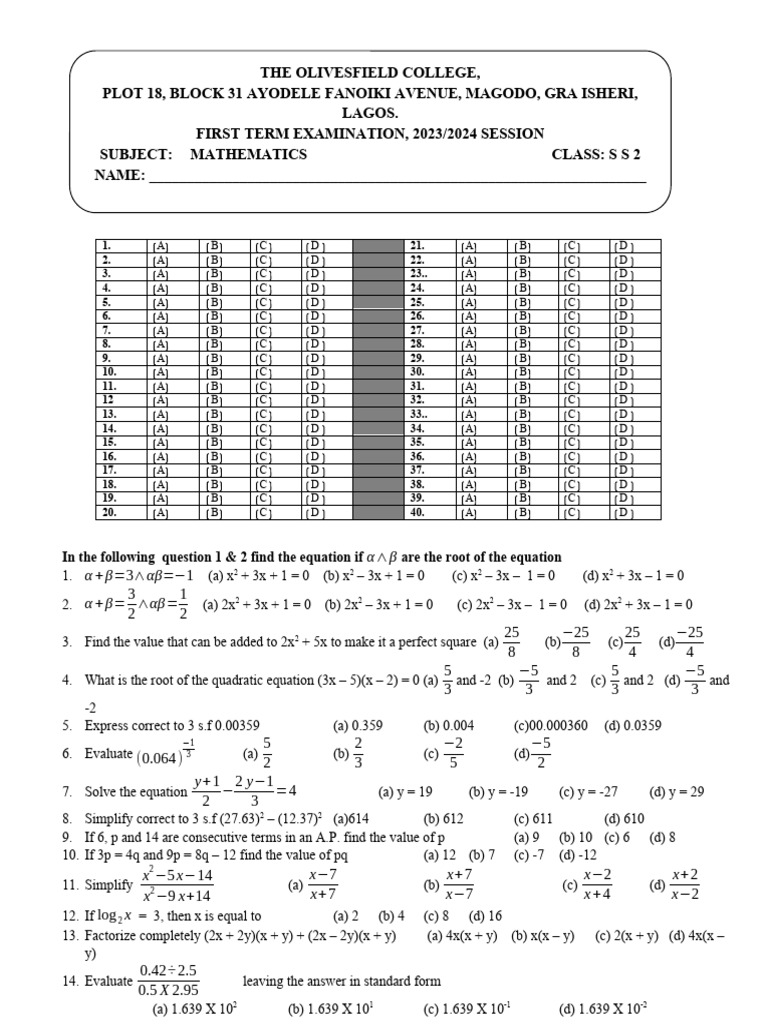 Maths ss2 First Term 2023-2024 | PDF | Mathematics | Elementary Mathematics