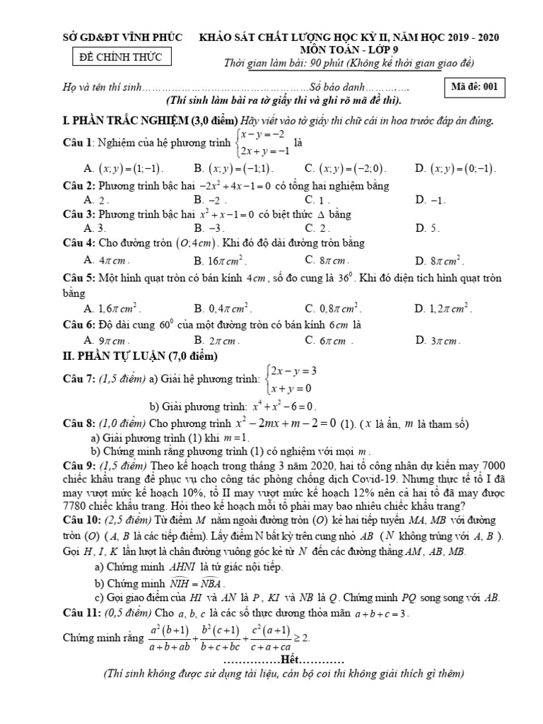 De Thi Hoc Ky 2 Toan 9 Nam Hoc 2019 2020 So GDDT Vinh Phuc | PDF