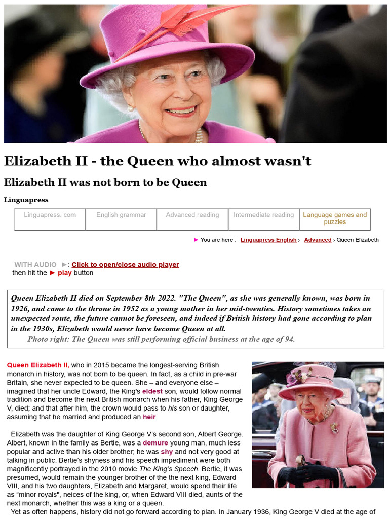 Elizabeth II - The Queen Who Almost Wasn't - Advanced English | PDF ...