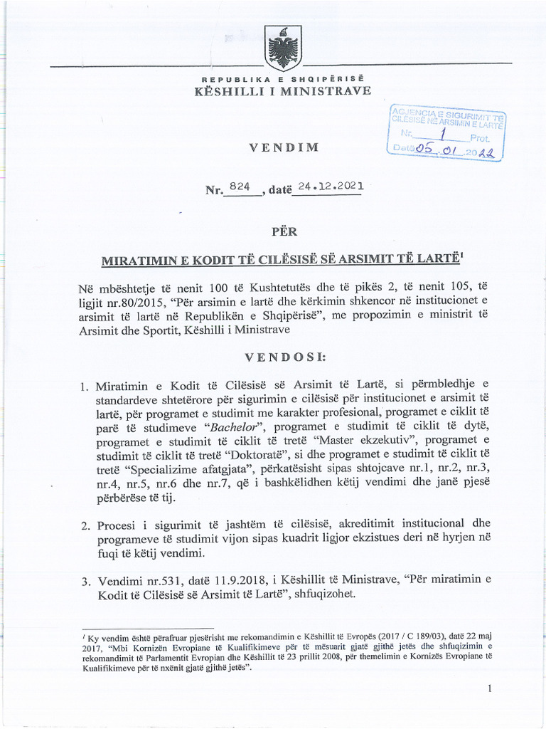 VKM Nr.824, Date 24.12.2021 Per Miratimin e Kodit Te Cilesise Se ...