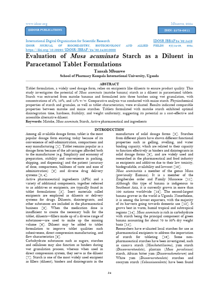 Evaluation Of Musa Acuminata Starch As A Diluent In Paracetamol Tablet Formulations Pdf