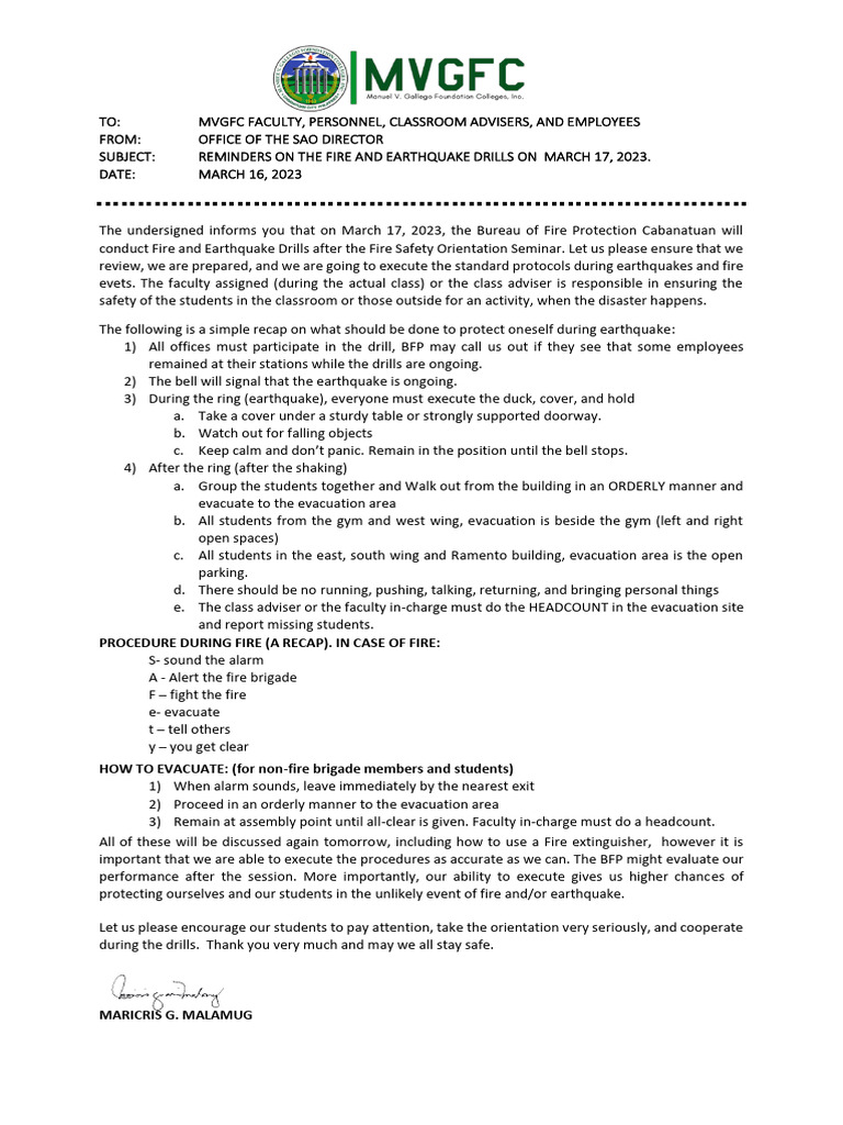 Reminders During The Fire Drill | PDF | Science & Mathematics