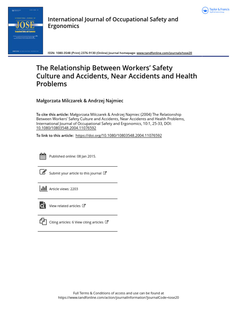 The Relationship Between Workers Safety Culture and Accidents Near Accidents and Health Problems ...