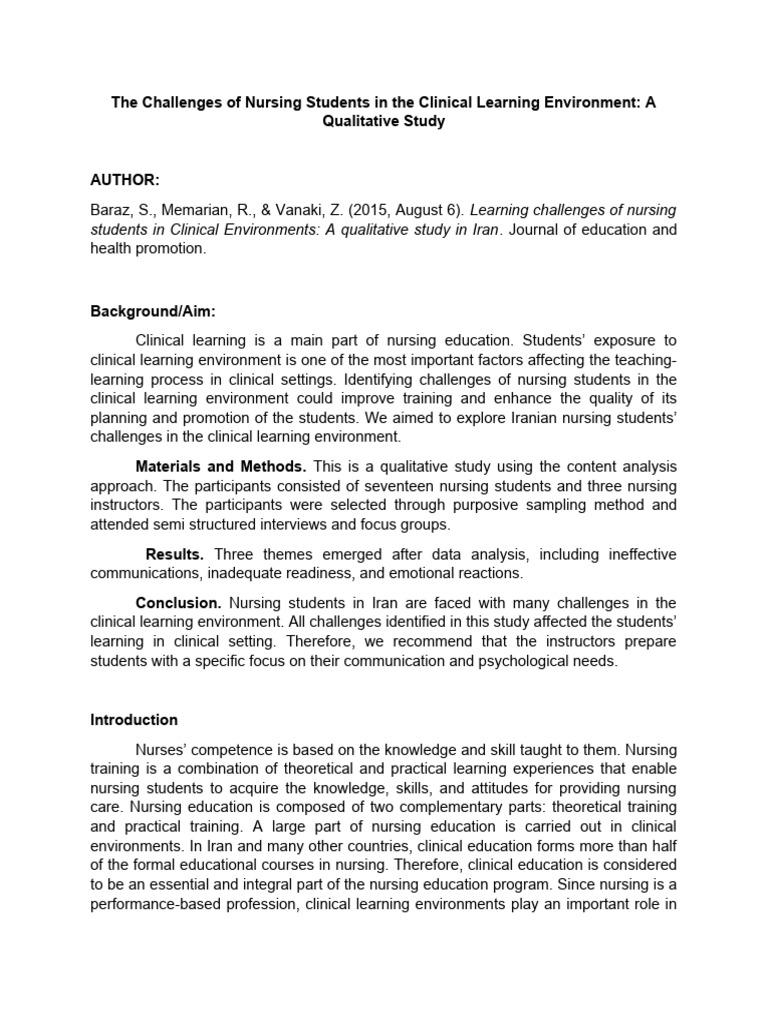 The Challenges of Nursing Students in The Clinical Learning Environment ...
