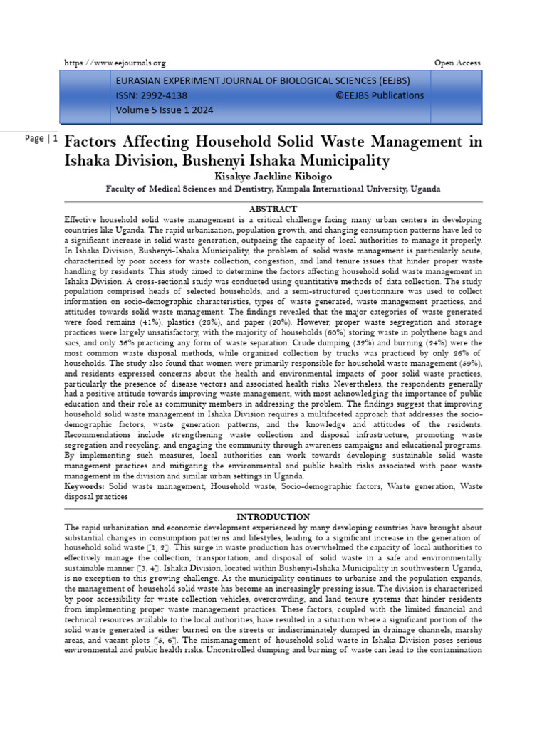 Factors Affecting Household Solid Waste Management in Ishaka Division, Bushenyi Ishaka ...