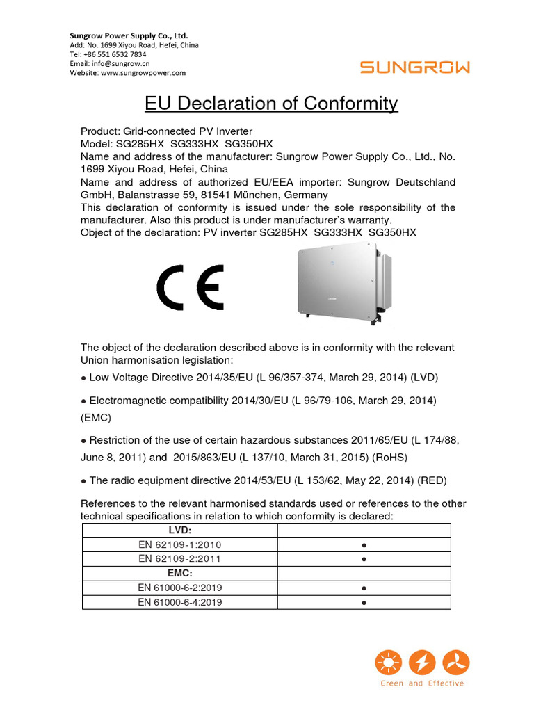 SG285HX - SG333HX - SG350HX EU Declaration of Conformity | PDF | Electrical Engineering ...