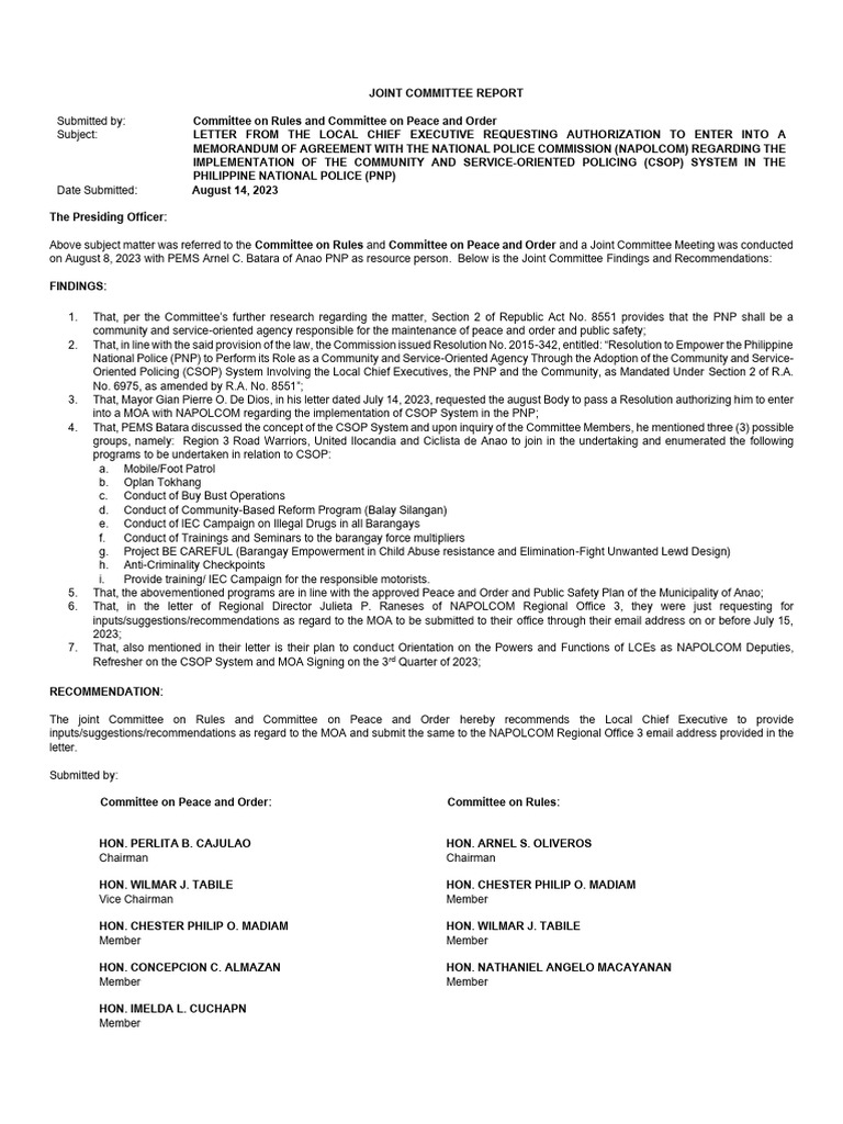 Joint Committee Report Rules and Peace and Order - Csop System Moa ...