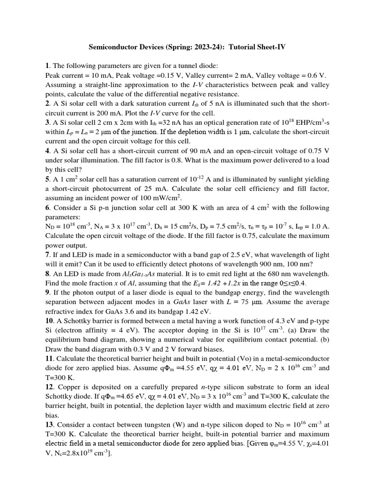 PHN-312 - Sheet-IV (23-24) | PDF | P–N Junction | Laser Diode