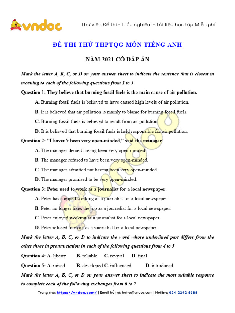 De Thi Thu Tieng Anh THPT Quoc Gia 2021 Co Dap An So 5 | PDF | Robot | Robotics