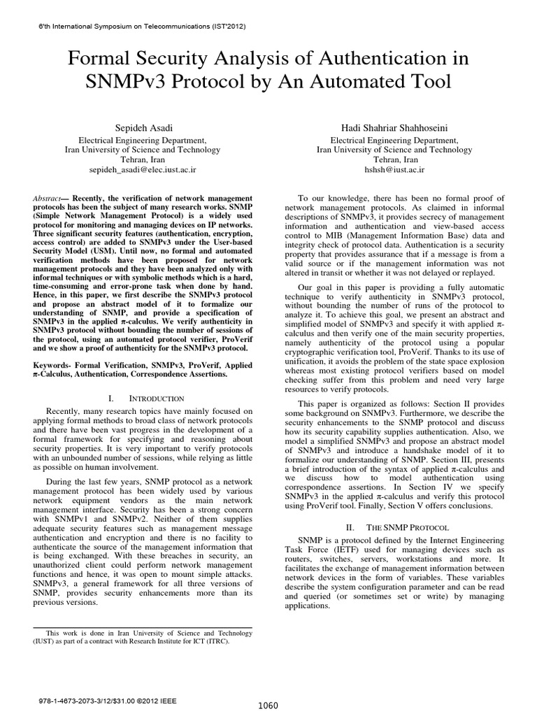 Formal Analysis of SNMPv3 Authentication | PDF | Cryptography | Computer Science