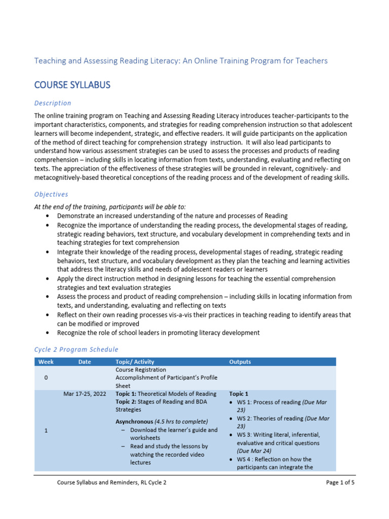 Cycle 2 RL Course Syllabus and Reminders | PDF | Reading Comprehension ...