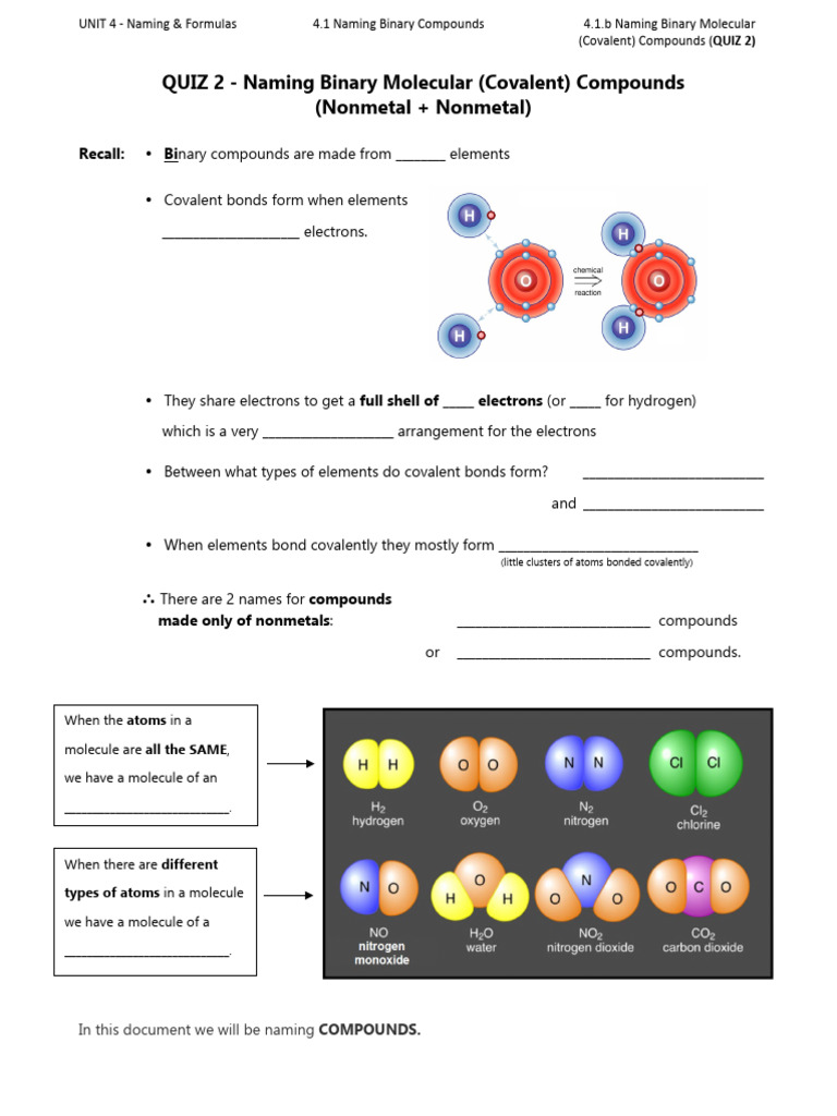 4.1.b 2 - Naming Binary Molecular Compounds | PDF | Chemical Compounds ...
