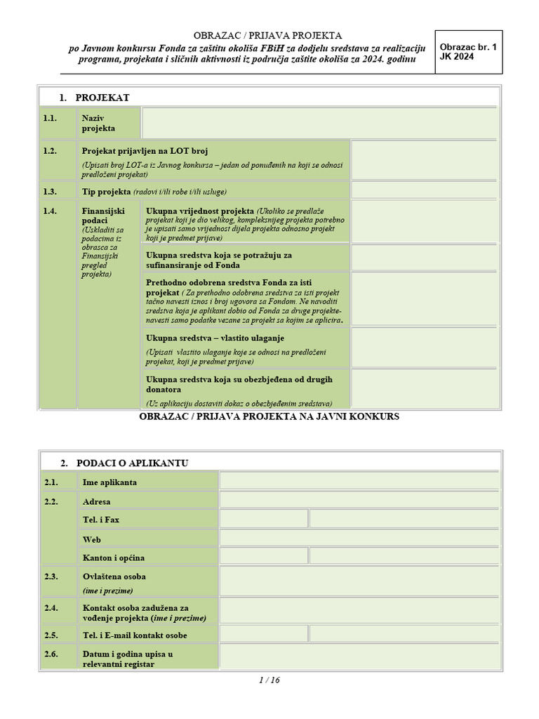 B Obrazac br.1 Prijava Projekta Na JK 2024 | PDF