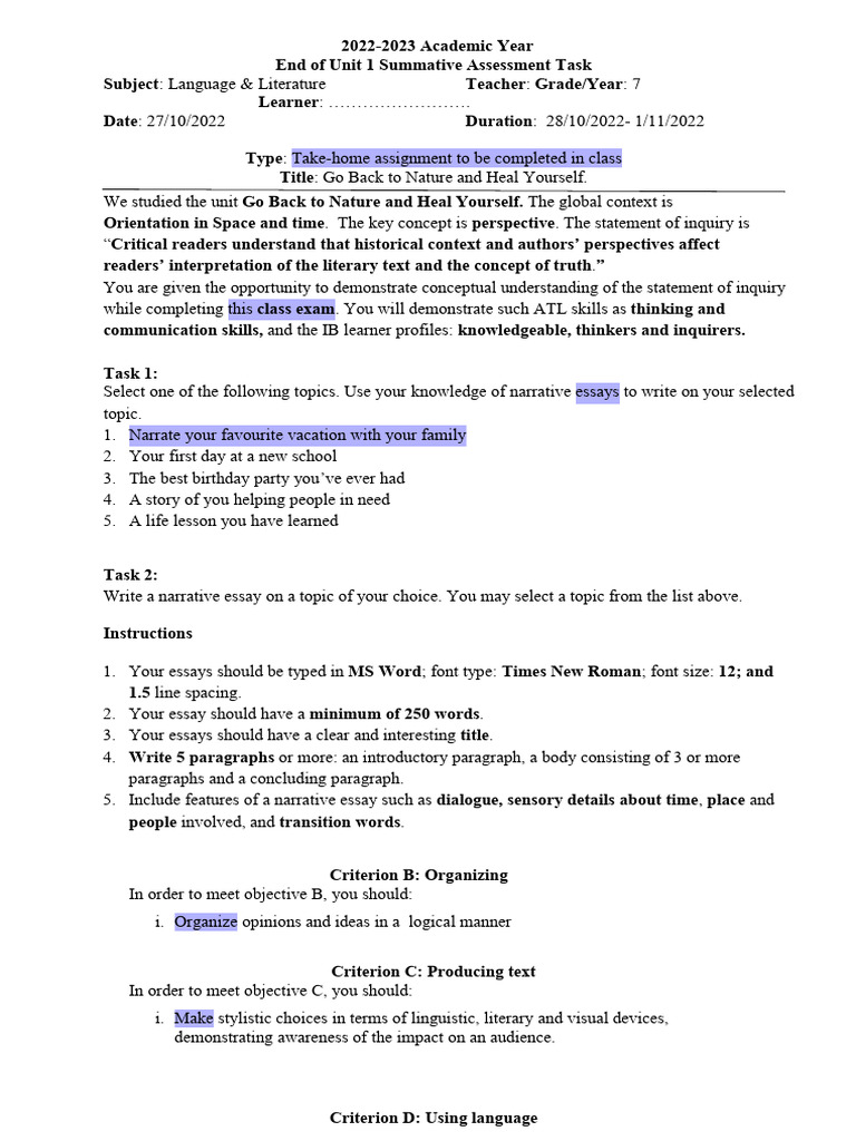 Draft Summative Assessment Task Landl Pdf Linguistics Vocabulary
