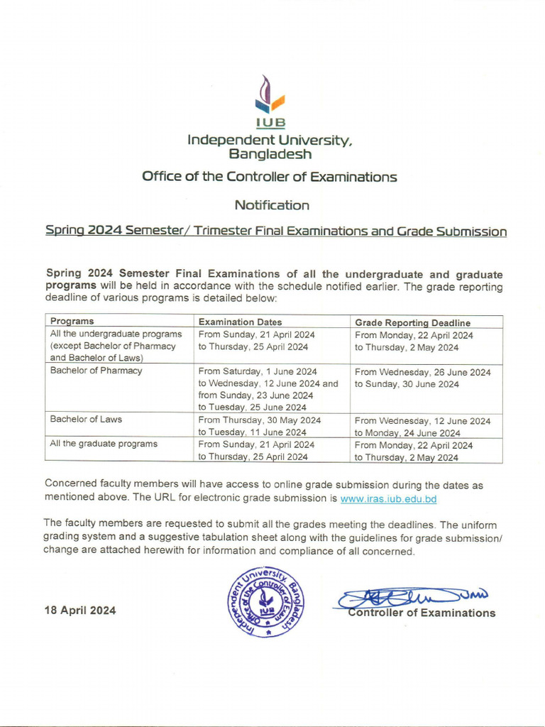 Notification Regarding Spring 2024 Semester or Trimester Final Examinations and Grade Submission ...