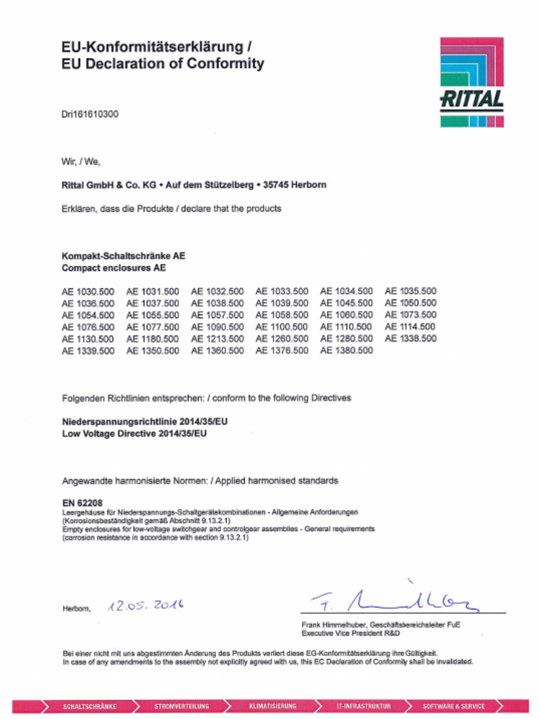 Rittal 1280500 Declaration of Conformity 20 959 | PDF