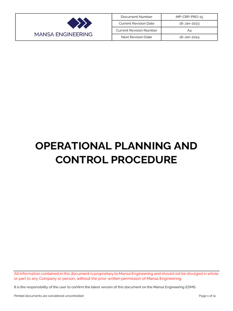 MP-CRP-PRO-15 Operational Planning and Control Procedure | PDF | Safety | Occupational Safety ...