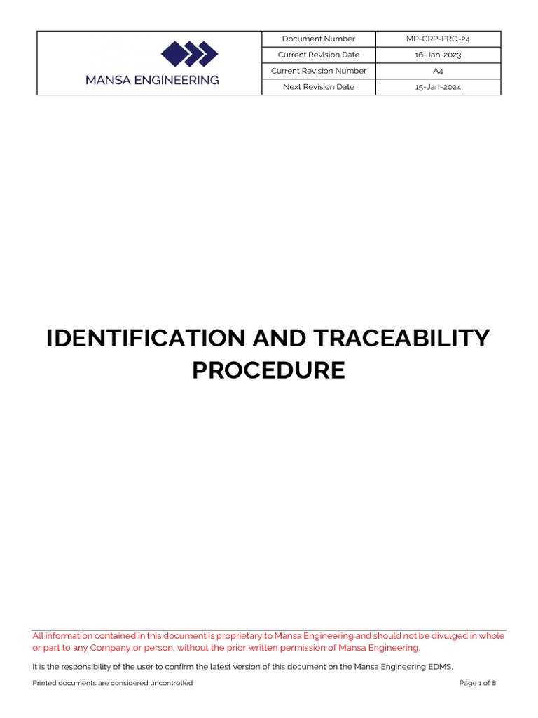 MP-CRP-PRO-24 Identification and Traceability Procedure | PDF | Quality ...