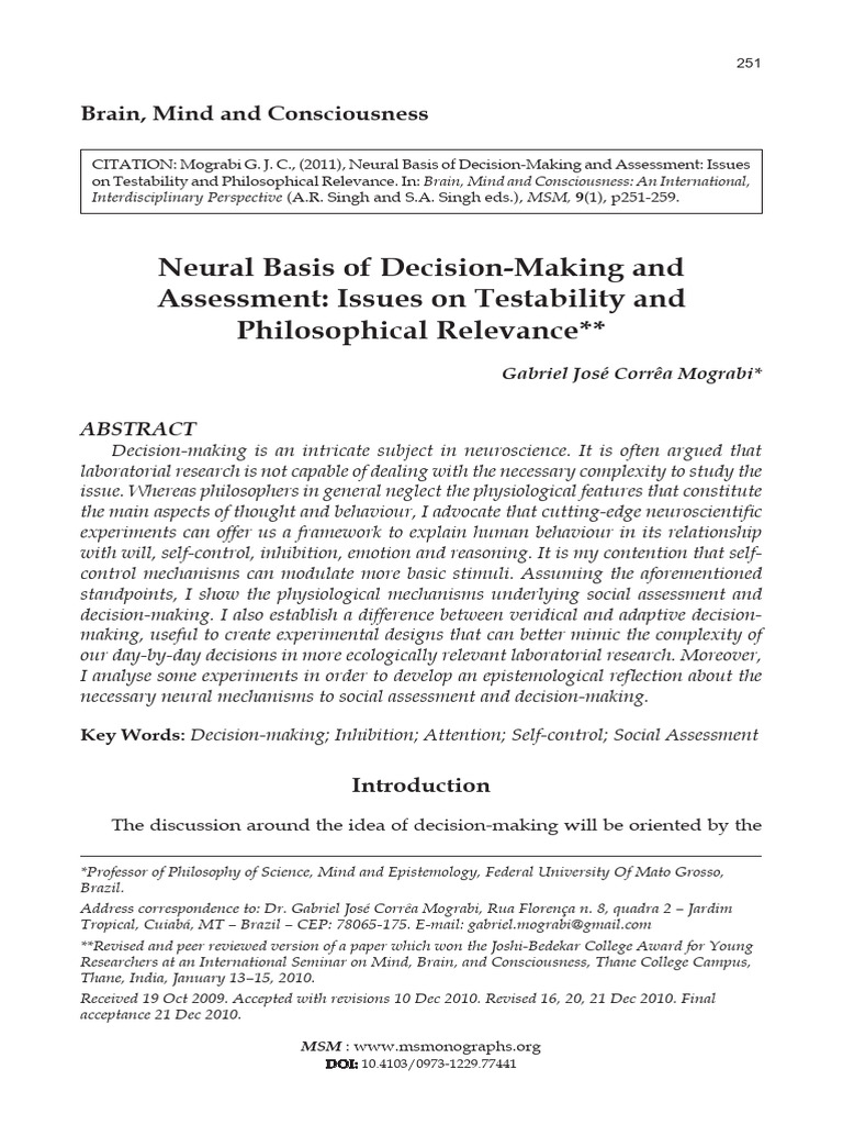 Mograbi - 2011 - Neural basis of decision-making and assessment Is | PDF | Amygdala | Mind