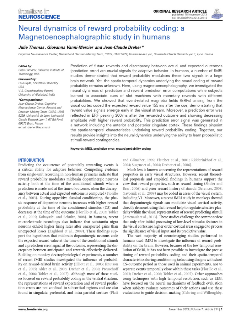 Thomas Et Al. - 2013 - Neural Dynamics of Reward Probability Coding A Ma | PDF | Reward System ...