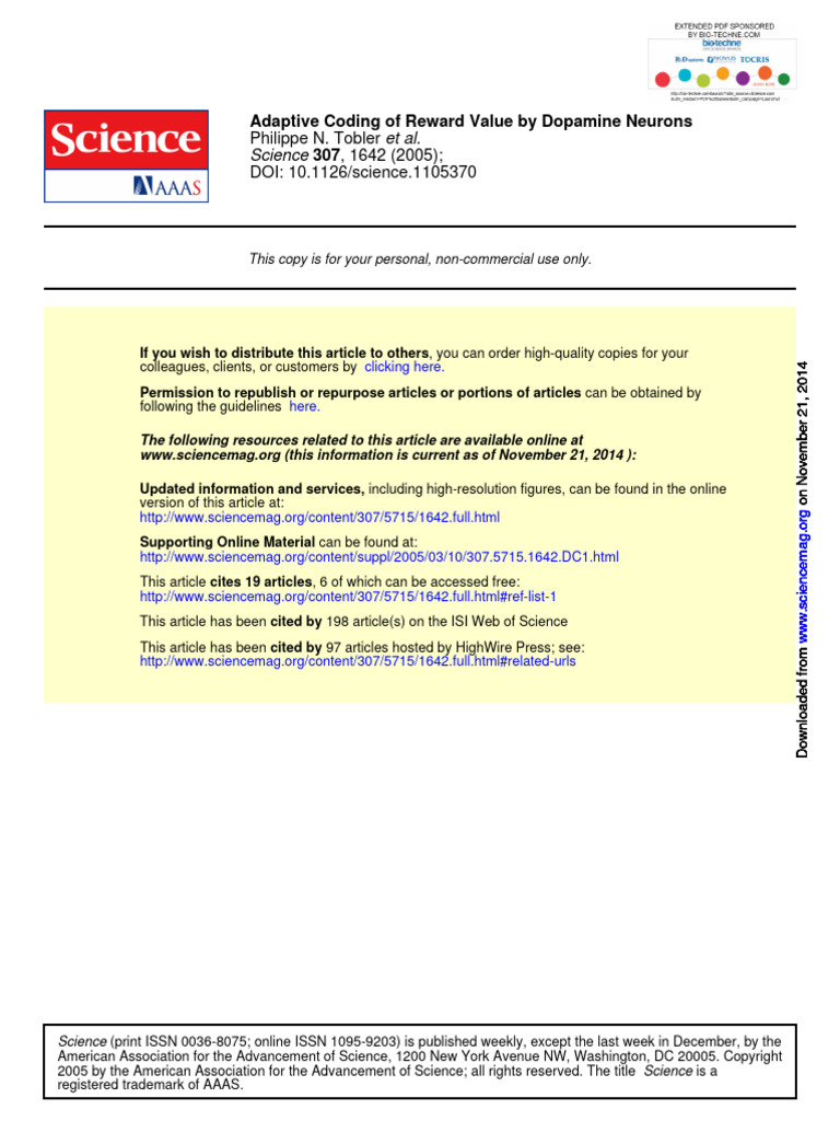 Tobler Et Al 2005 Adaptive Coding Of Reward Value By Dopamine