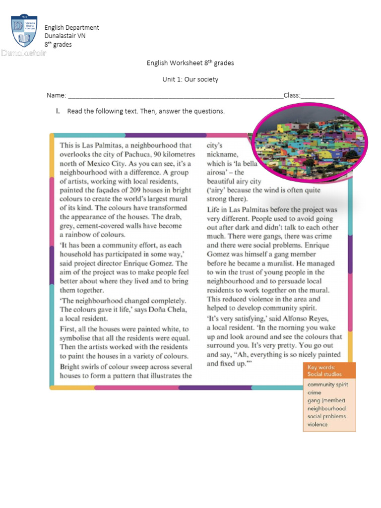 8th Grade English Worksheet: Our Society | PDF | Art