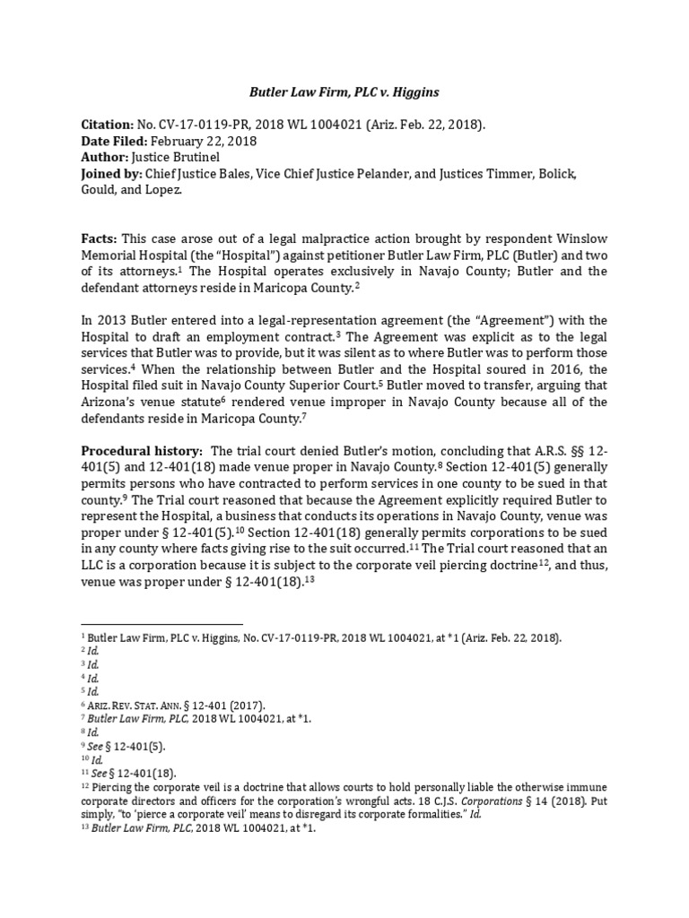 Butler Law v. Higgins 2018 | PDF | Limited Liability Company | Piercing ...