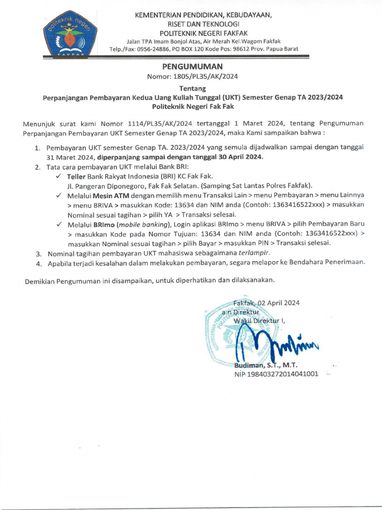 SPn2 - Pengumuman Pembayaran UKT Genap 23-24 | PDF