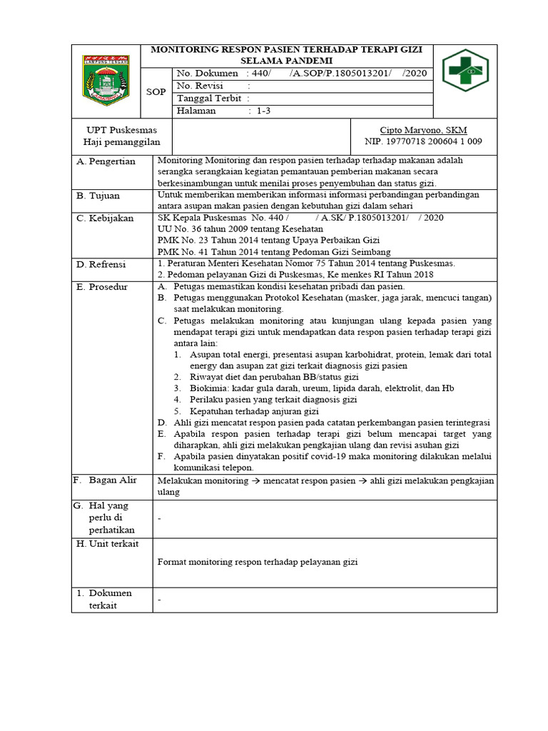 Sop Monitoring Respon Terapi Diet Selama Pandemi | PDF