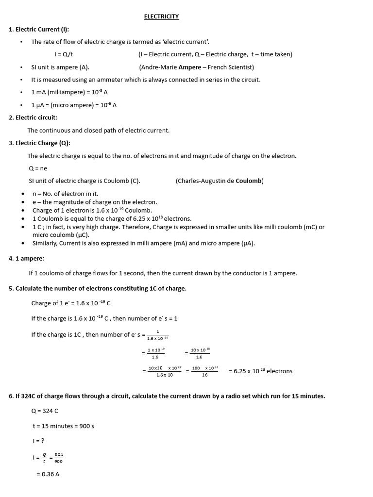 Electricity - Class Notes 2024-25 | PDF | Electric Current | Electrical ...