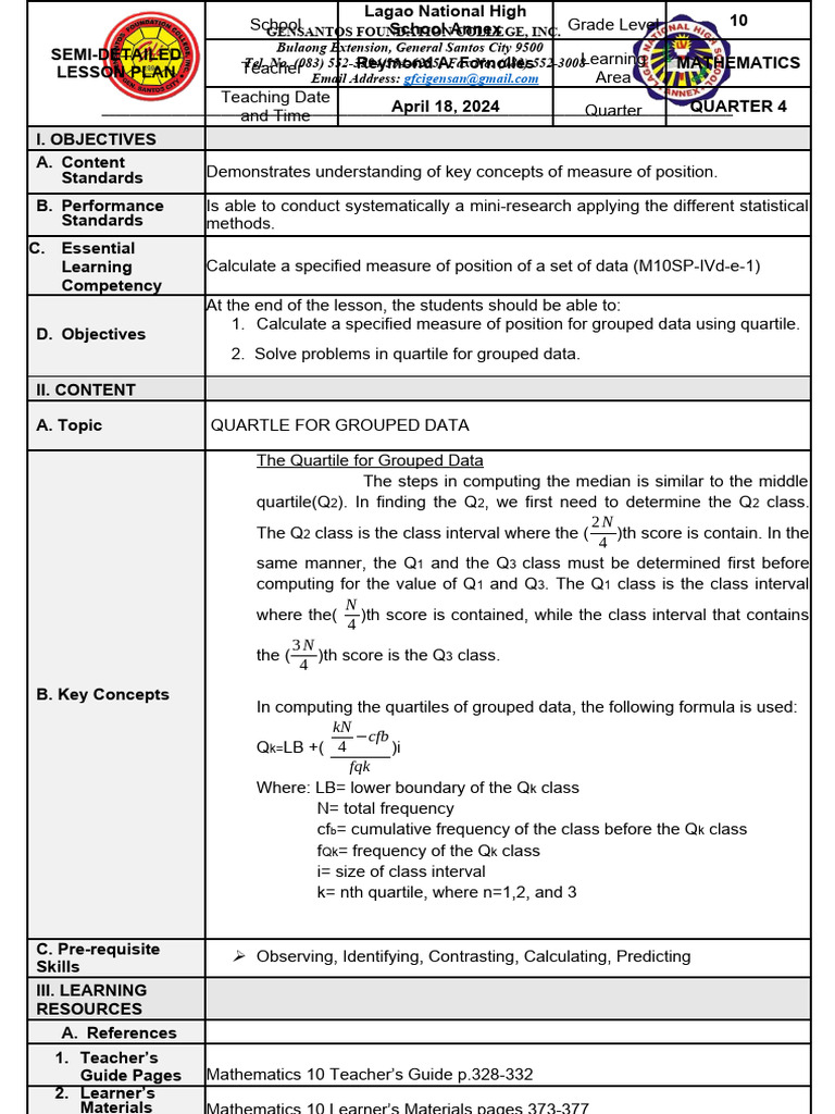 Math10 April.18.2024 Fornolles | PDF | Quartile | Teachers