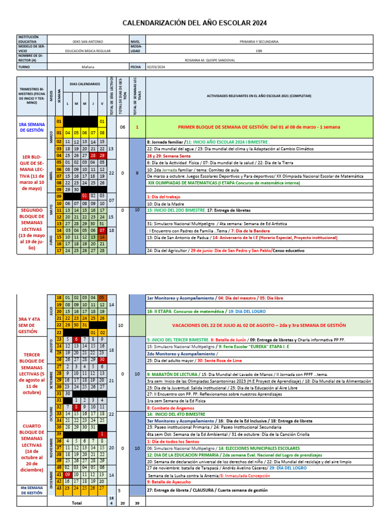 Calendarización Del Año Escolar 2024 | PDF | Observancias