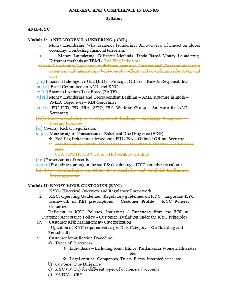 AML-KYC Compliance Syllabus for Banks | PDF | Money Laundering ...