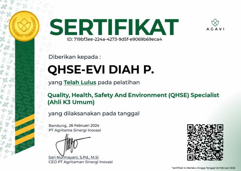 Quality, Health, Safety and Environment (QHSE) Specialist (Ahli K3 Umum) - QHSE-EVI DIAH ...