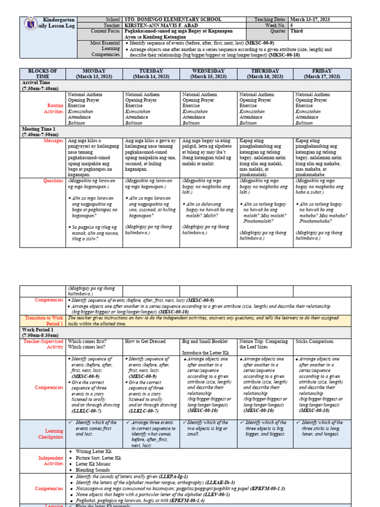 Kindergarten DLL MELC Q3 Week 5 Asf | PDF | Learning | Teachers