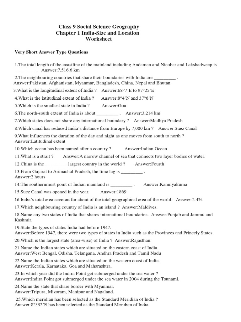 Class 9 Social Science Geography Chapter 1 India-Size and Location Worksheet | PDF | Earth ...