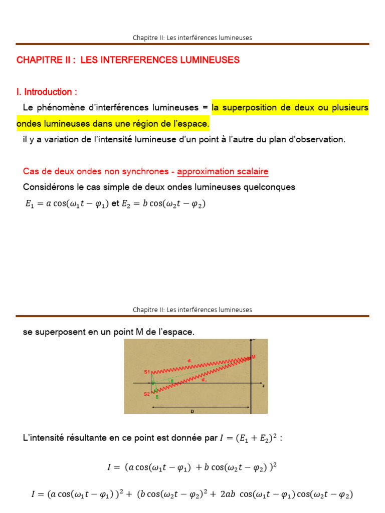 Interférences lumineuses : principes et cas | PDF | Cohérence (physique ...