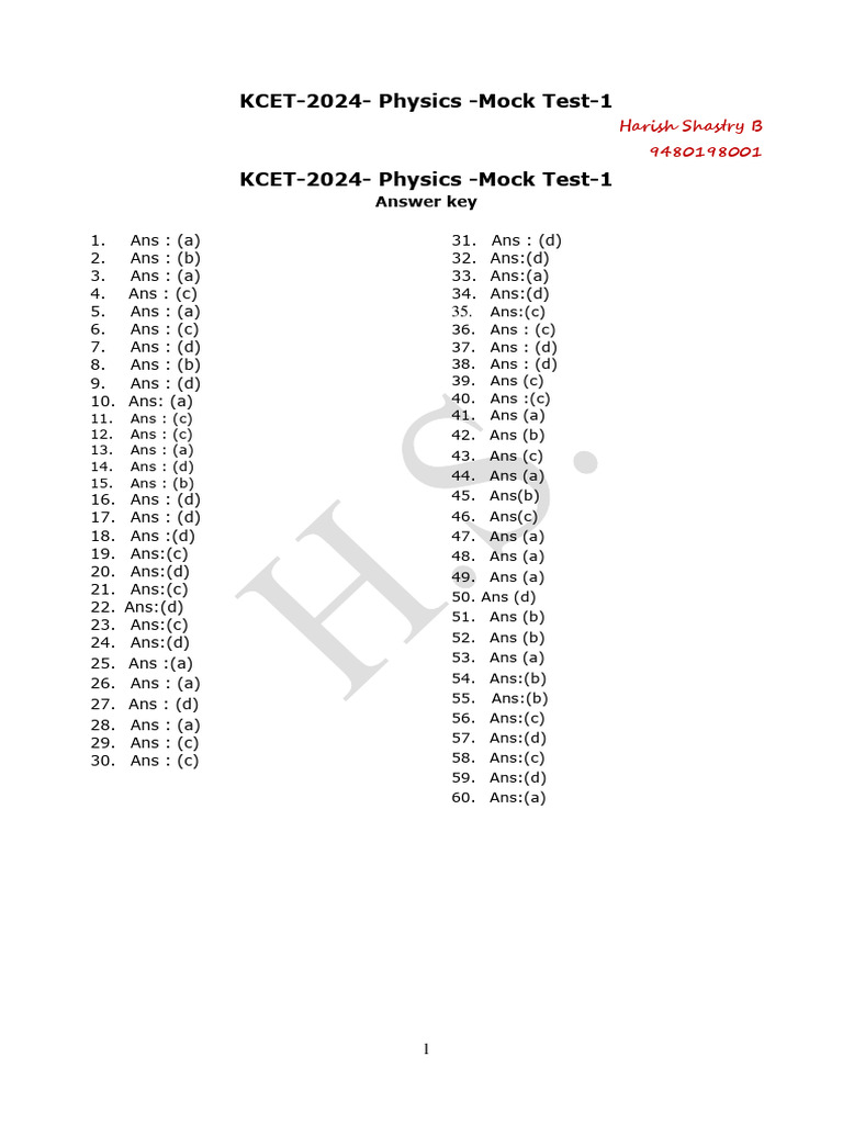 CET Physics Mock Test-1-Answers | PDF | Electronvolt | Electron