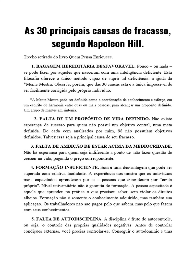 As 30 Principais Causas de Fracasso, Segundo Napoleon Hill | PDF ...
