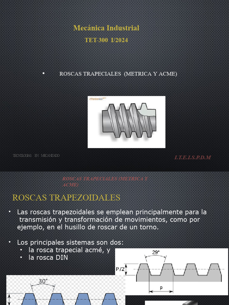 Roscas Trapezoidales: Acme y Métricas | PDF | Tornillo | Mecanizado
