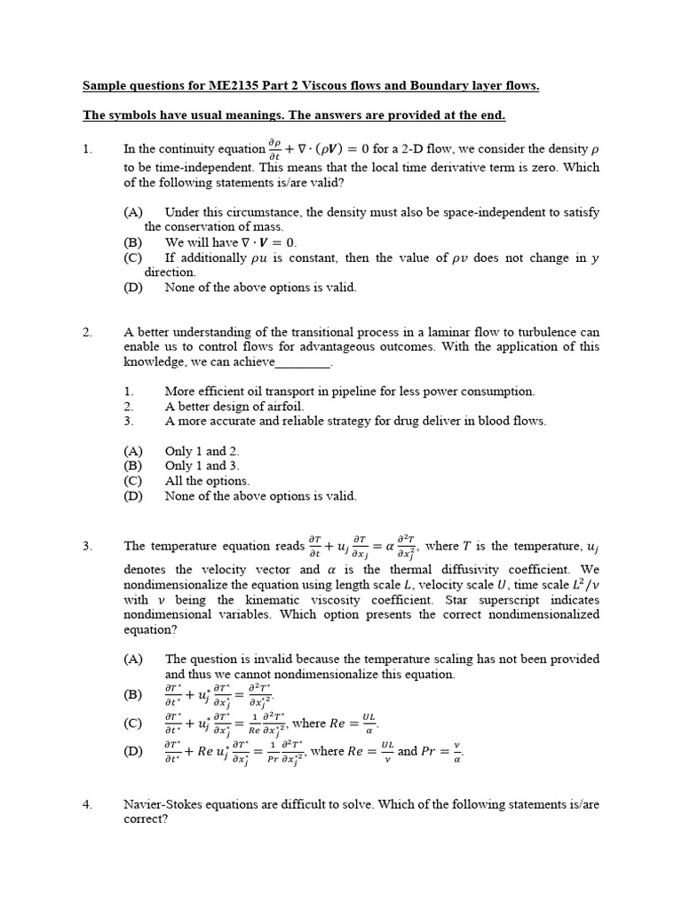 ME2135 Part 2 Sample Questions - Q20 | PDF | Boundary Layer | Navier–Stokes Equations