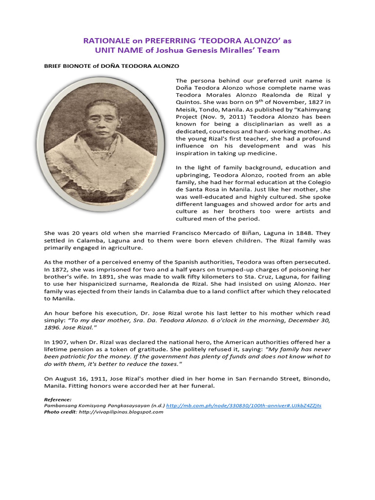 RATIONALE On PREFERRING TEODORA ALONZO As UNIT NAME | PDF | Religion ...