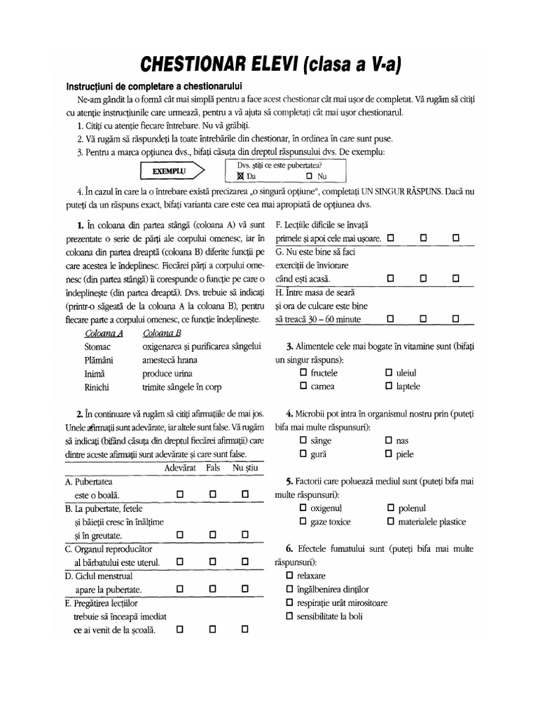 Chestionar Cls. V-A Edsan | PDF