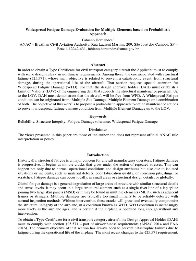 Widespread Fatigue Damage Evaluation For Multiple Elements Based On Probabilistic Approach | PDF ...