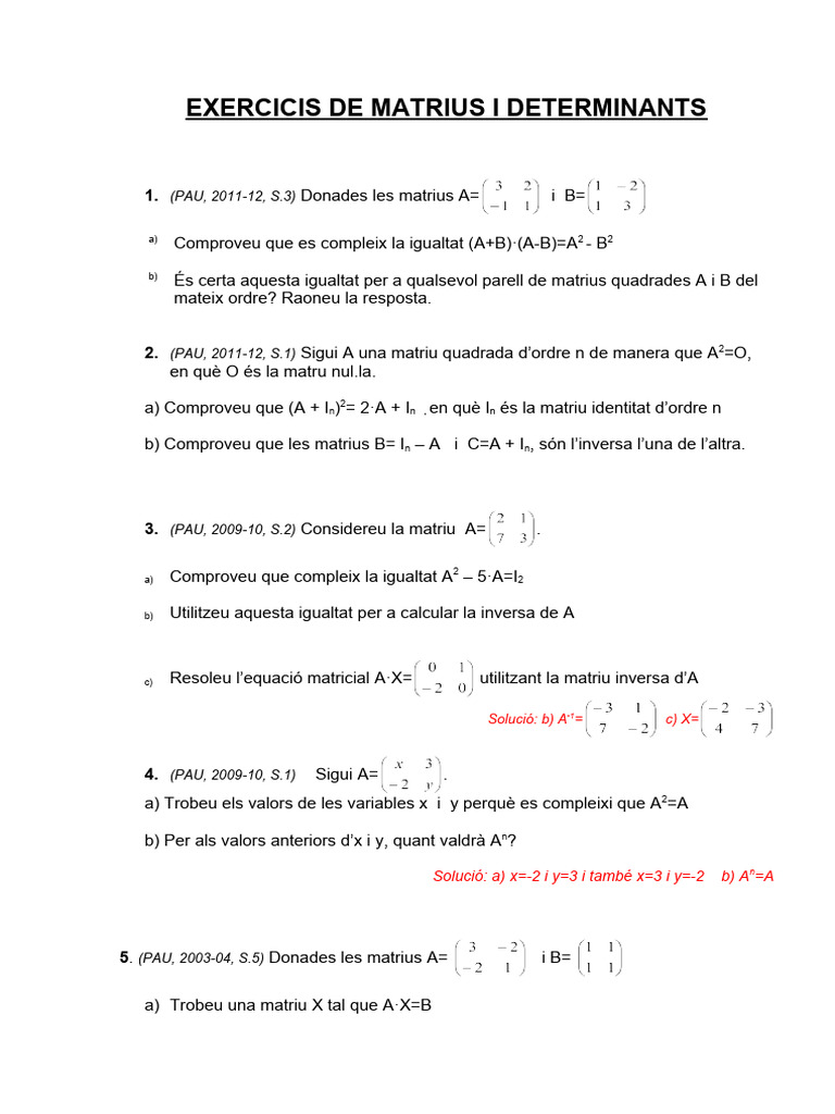 Exercicis de Matrius (Amb Solucions) | PDF