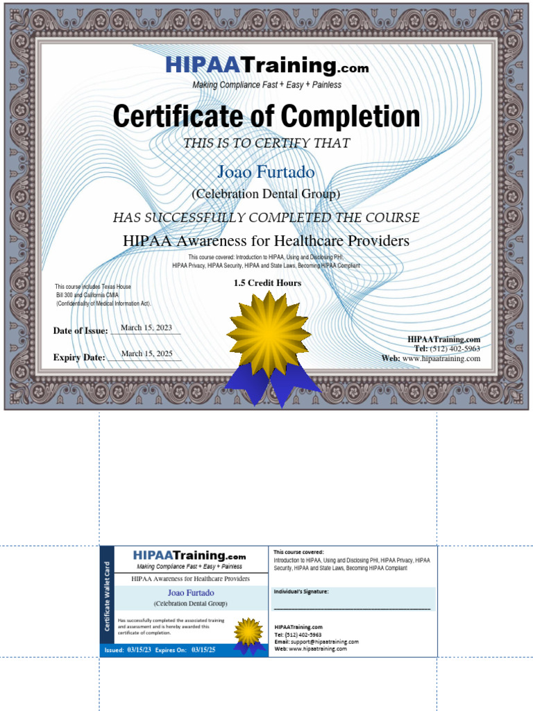 HIPAA Training Certificate 2023 | PDF | Health Insurance Portability ...