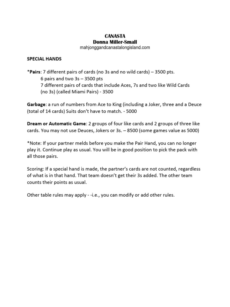 Canasta Special Hands and Scoring Guide | PDF